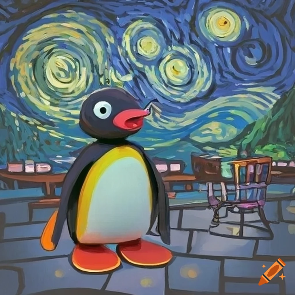 Pingu in an Irish pub in the style of Starry Night on Craiyon