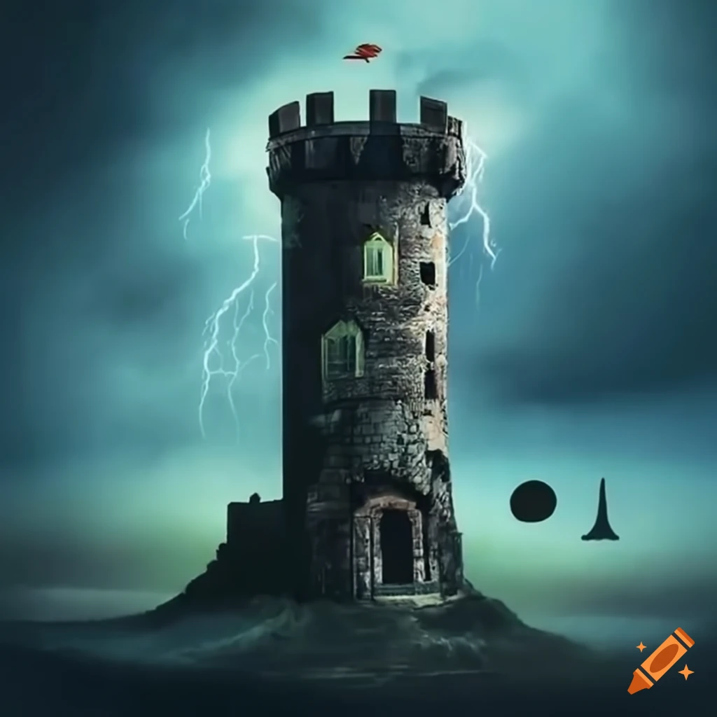 Tim burton style of a fortified castle tower destroyed by lightning ...