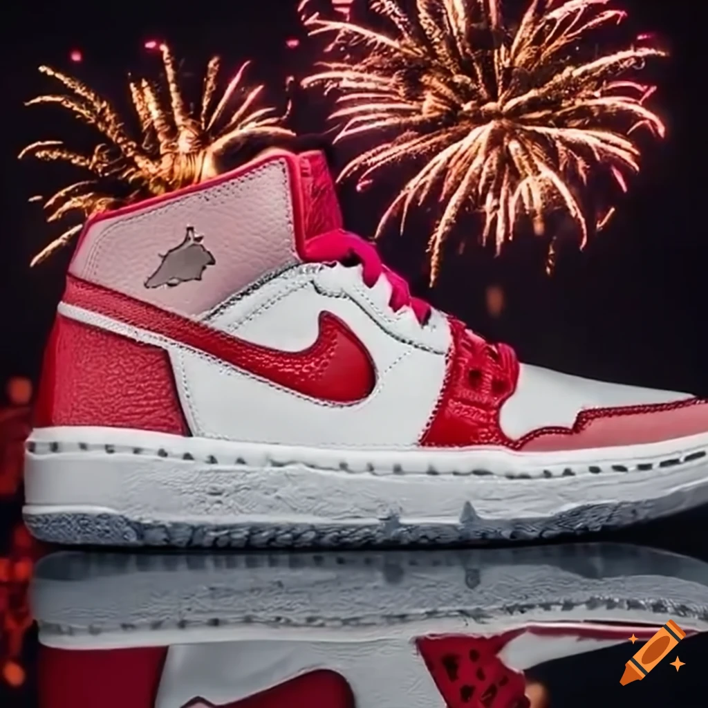 Pair of jordan sneakers with fireworks in the background on Craiyon