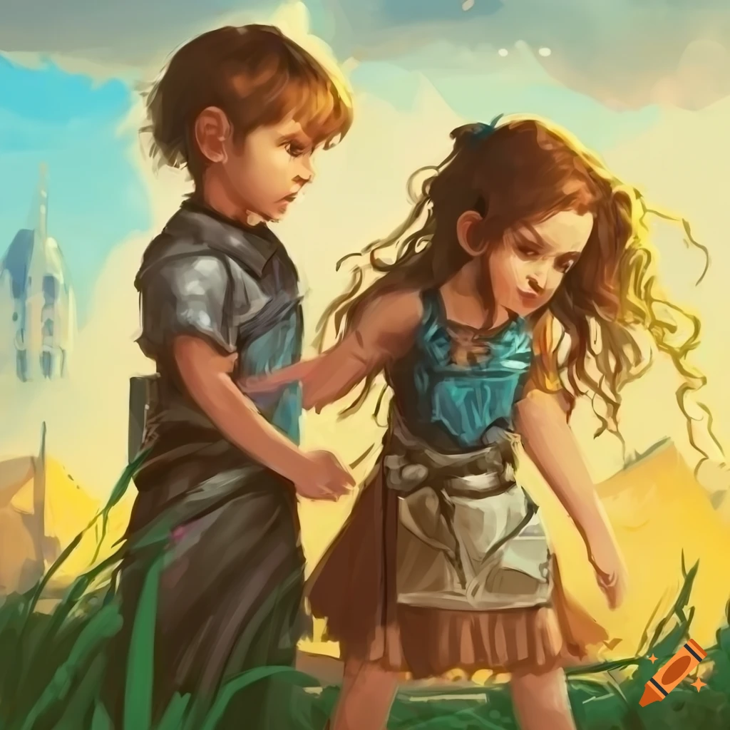 Child boy and girl in a daytime town in MTG art style on Craiyon