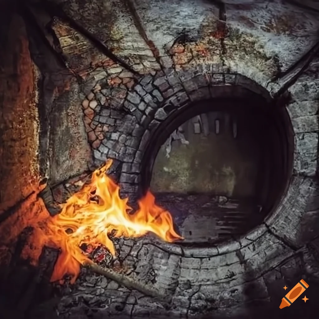 Burning fire in a spooky sewer on Craiyon