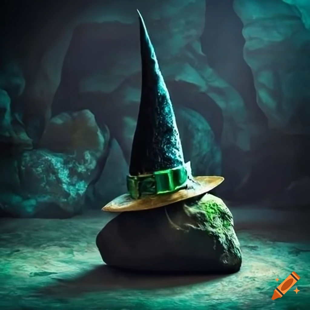 Mysterious black magic witch hat with a unique green buckle in a dark ...