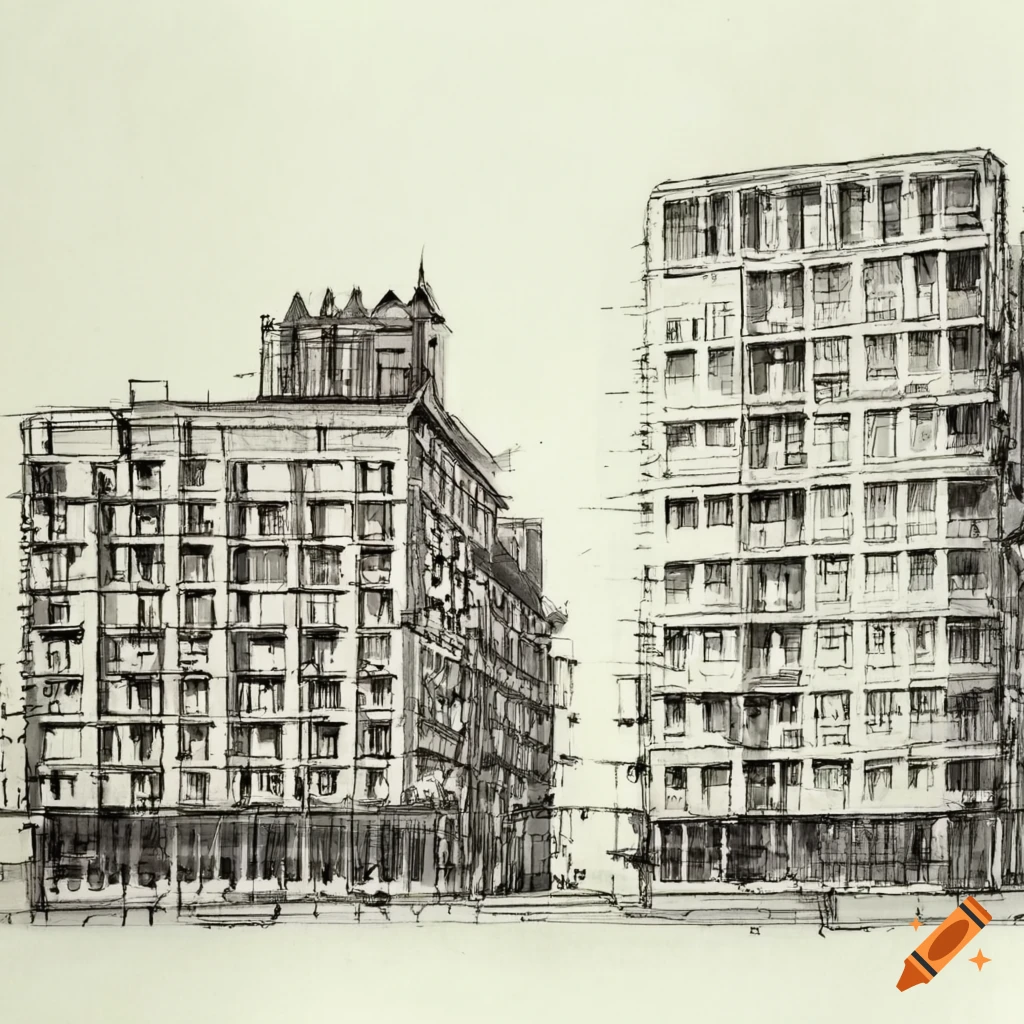 Architectural sketch of a stalinist residential block in a european ...