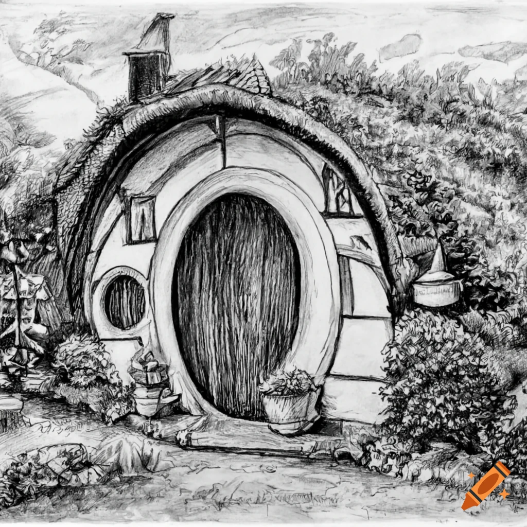 Hobbit house pencil drawing in black and white on a sheet on Craiyon