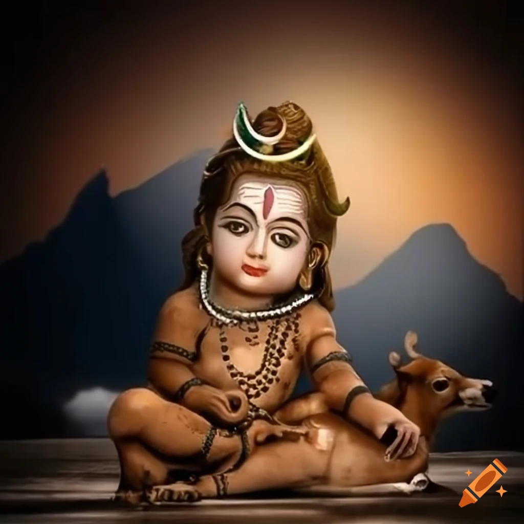 Small cute baby lord shiva on mountain with calf on Craiyon