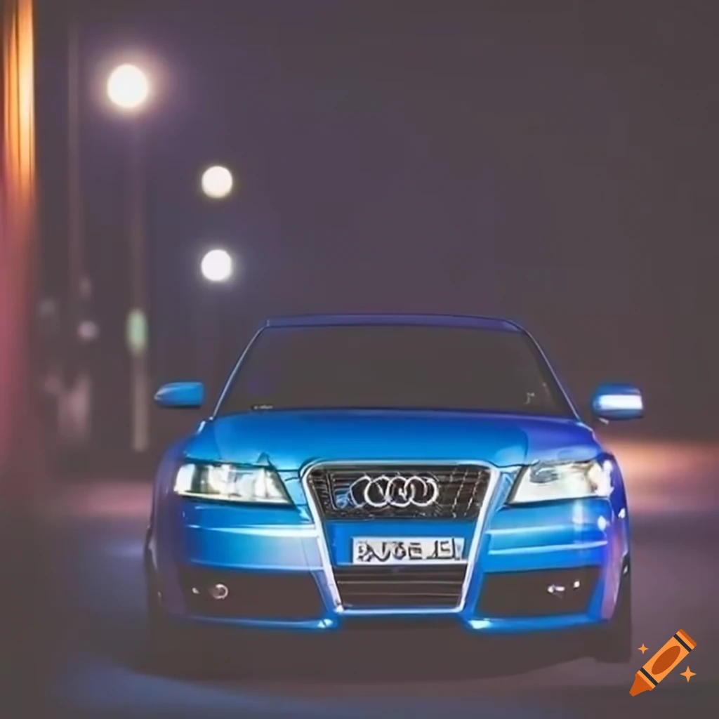 Blue audi rs4 b7 sedan under the night sky in warsaw on Craiyon