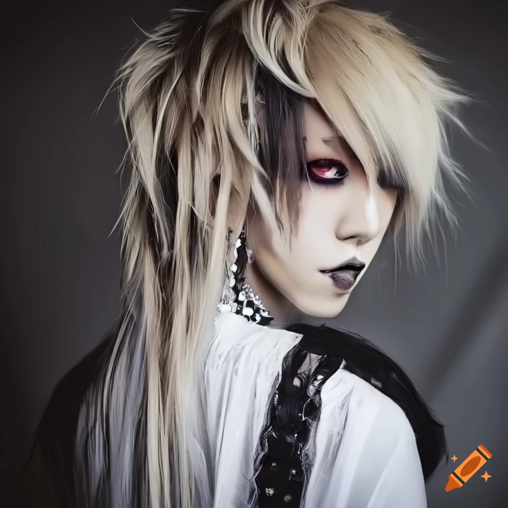Male Japanese visual kei artist in white gothic shirt and pigtails on ...