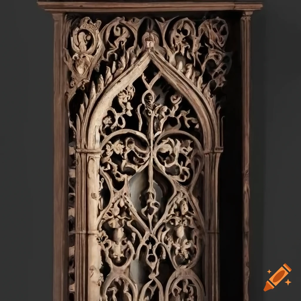 Intricately carved gothic architectural detail with medallions and filigree on Craiyon