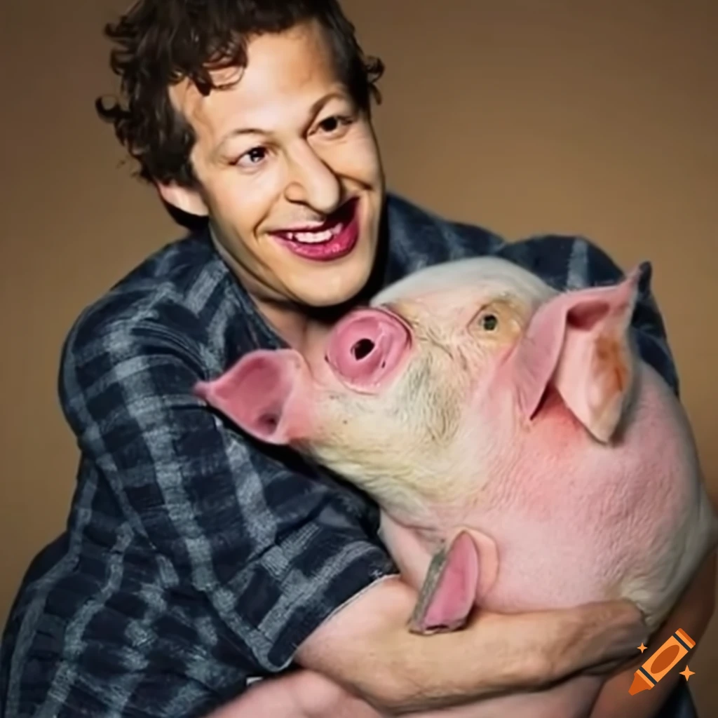 Andy samberg embracing a pig on Craiyon