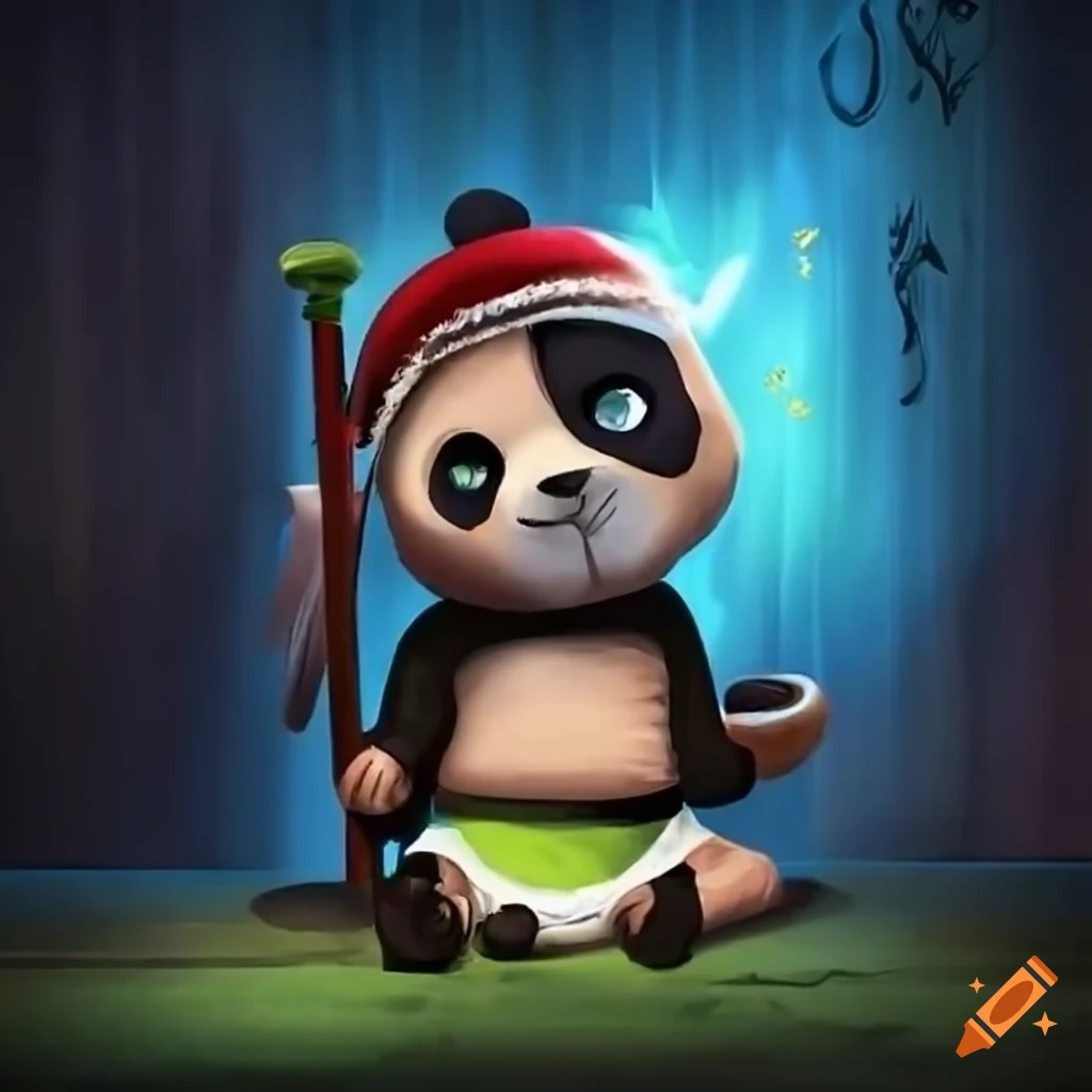 Panda ninja outside dojo drinking green tea by firelight on Craiyon