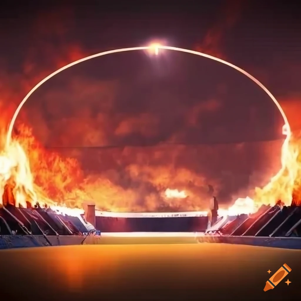 Stunt arena stadium with flaming ramps in the background on Craiyon