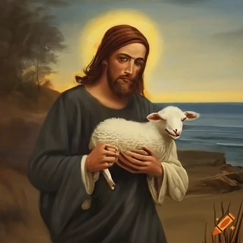 Gothic oil painting of jesus by the seashore holding a lamb on Craiyon