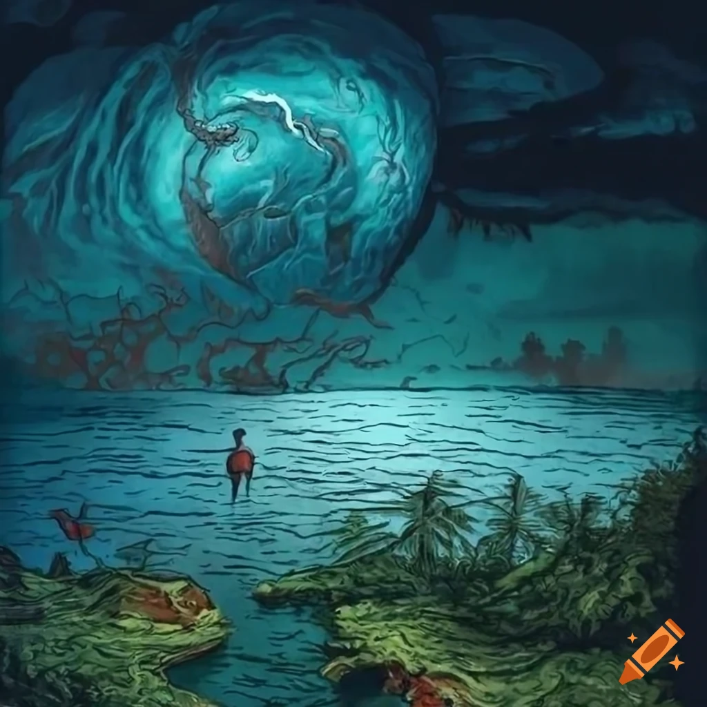 Raging hurricane with lightning over a tropical island in comic style ...