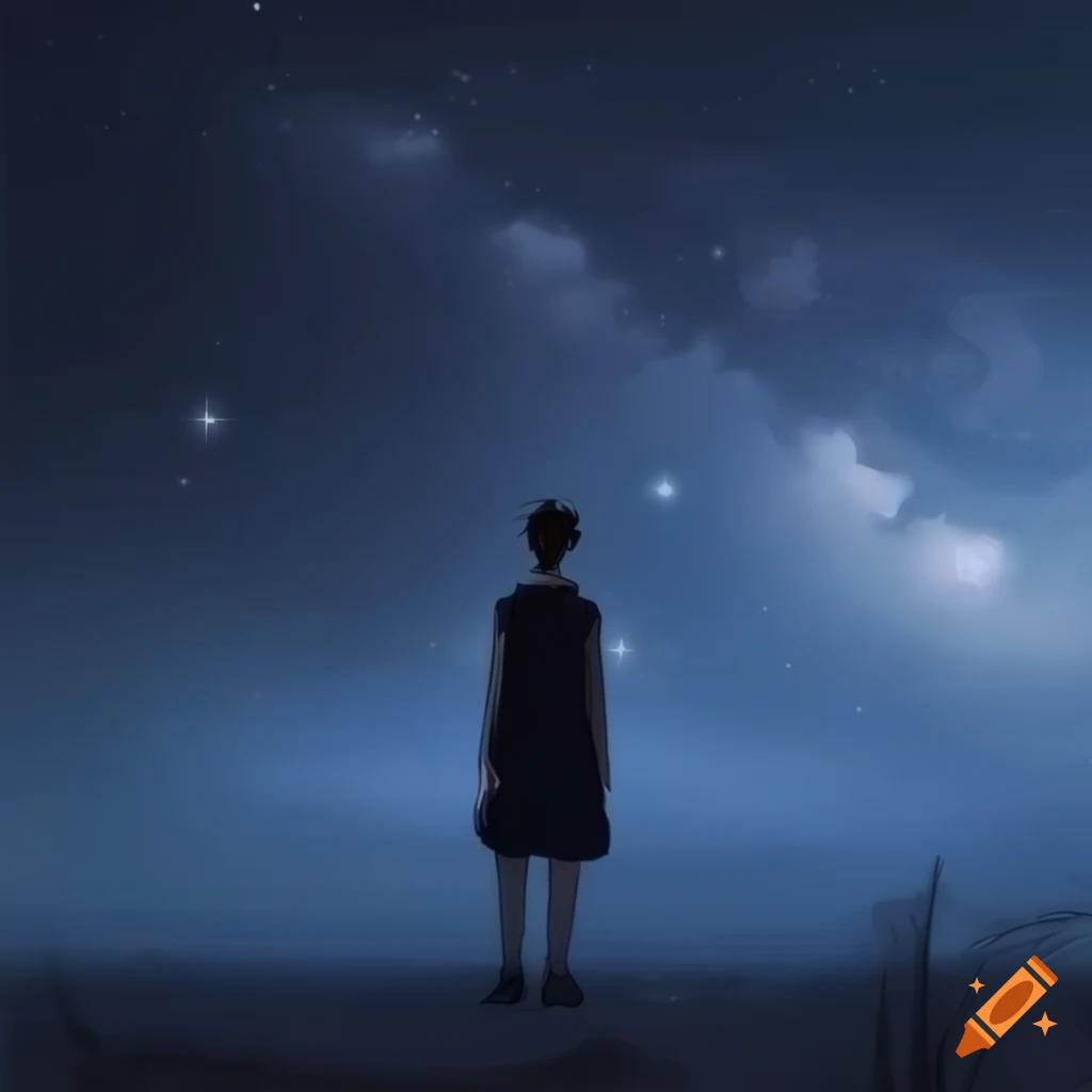 Anime man standing facing the moonlit clouds on Craiyon