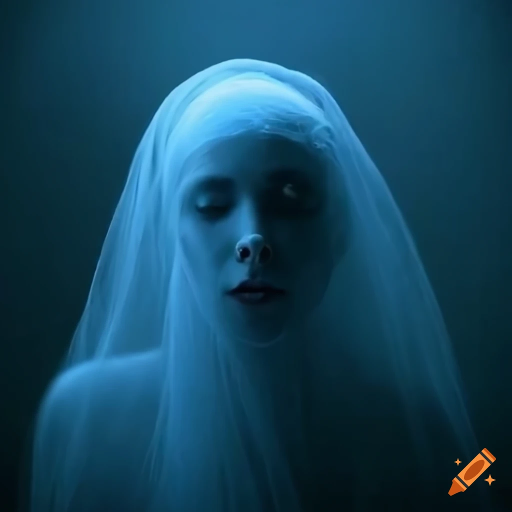 Ghostly beautiful woman veiled in soft tulle in a cinematic spooky ...