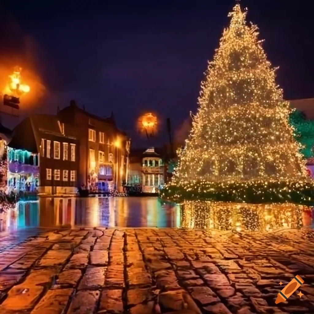 Panoramic view of a festive Southern town square with holiday ...