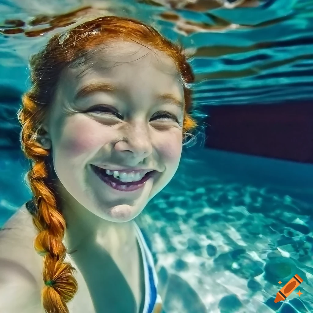 Tween with braided ginger hair underwater in a pool on Craiyon