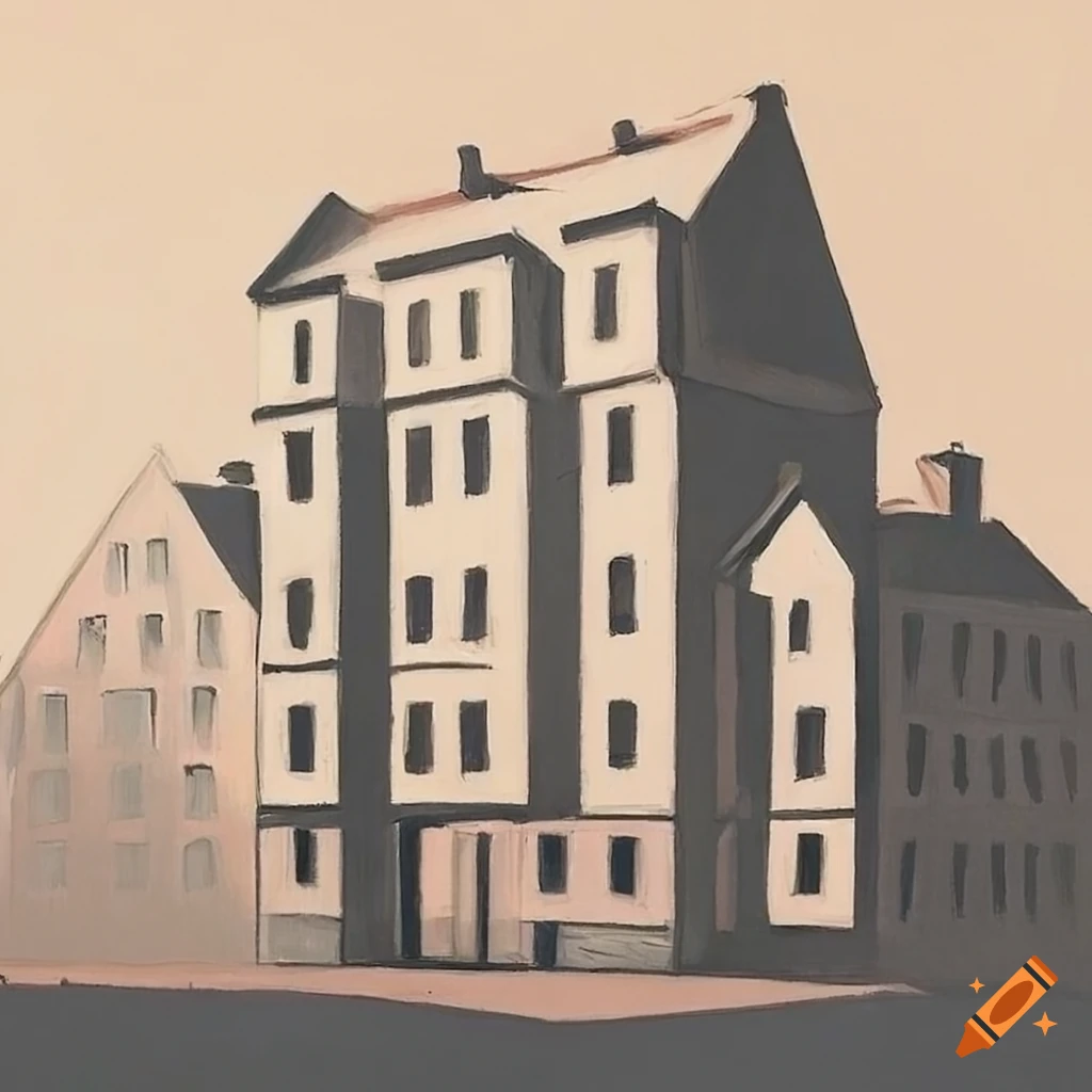 Charcoal drawing of a residential block with muted colors and Nordic ...