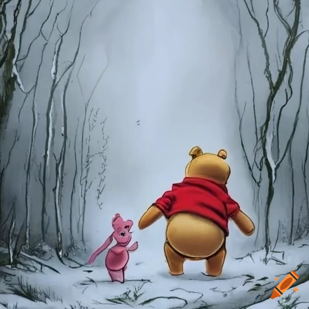 Winnie the Pooh and Piglet walking hand in hand in the snow on Craiyon