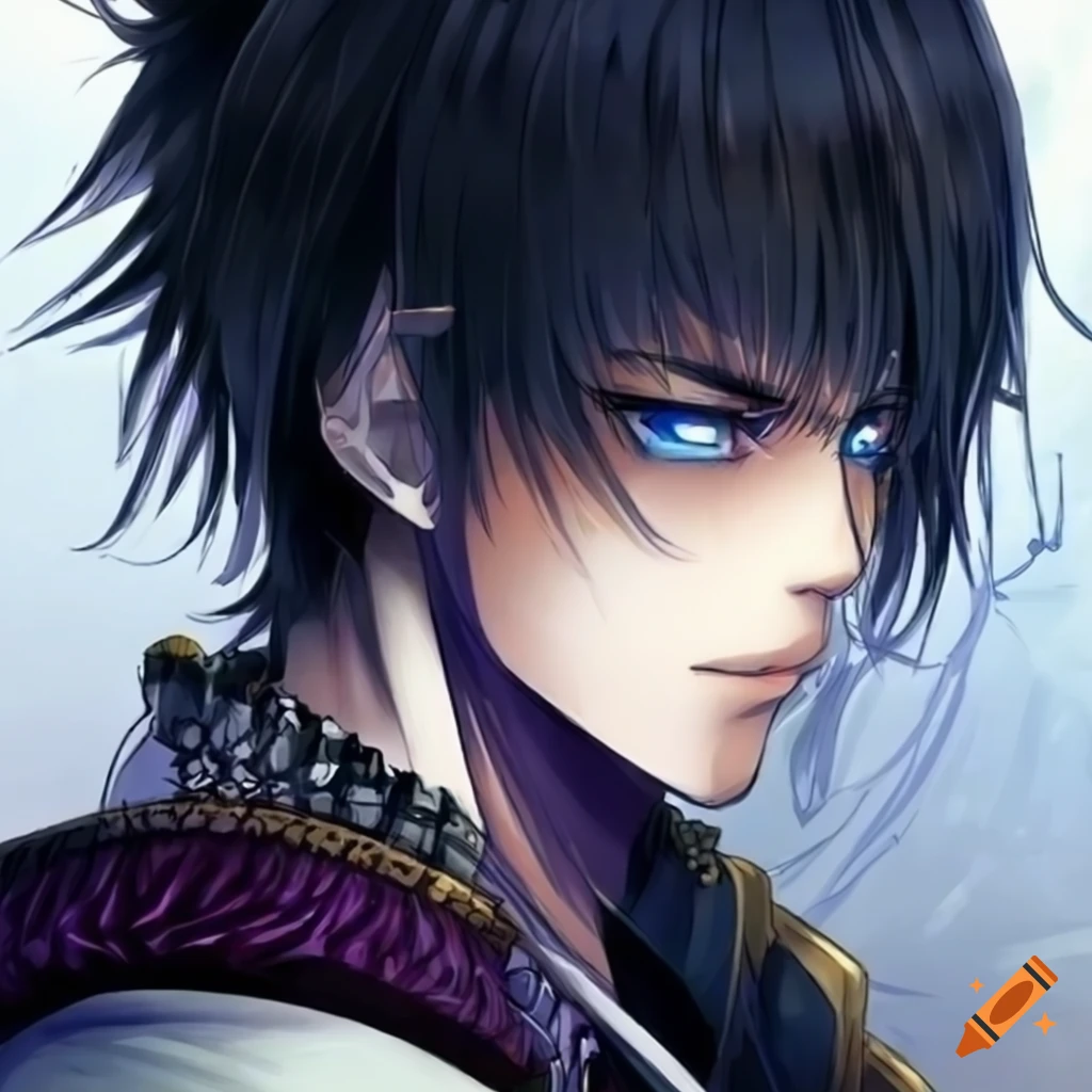 Black-haired anime samurai with blue eyes and masculine appearance on ...