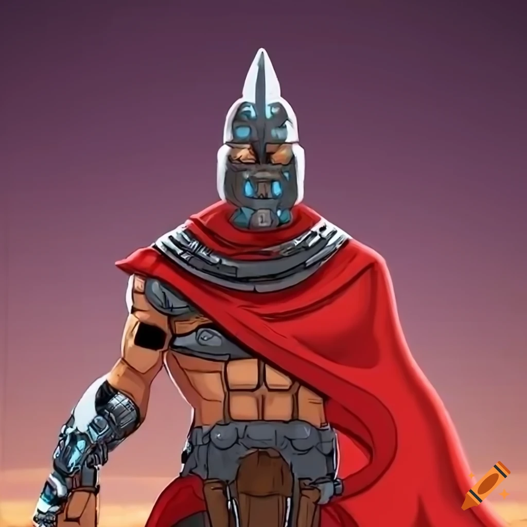 Highly detailed 4k cartoon of a cyborg gladiator with a red cape on Craiyon