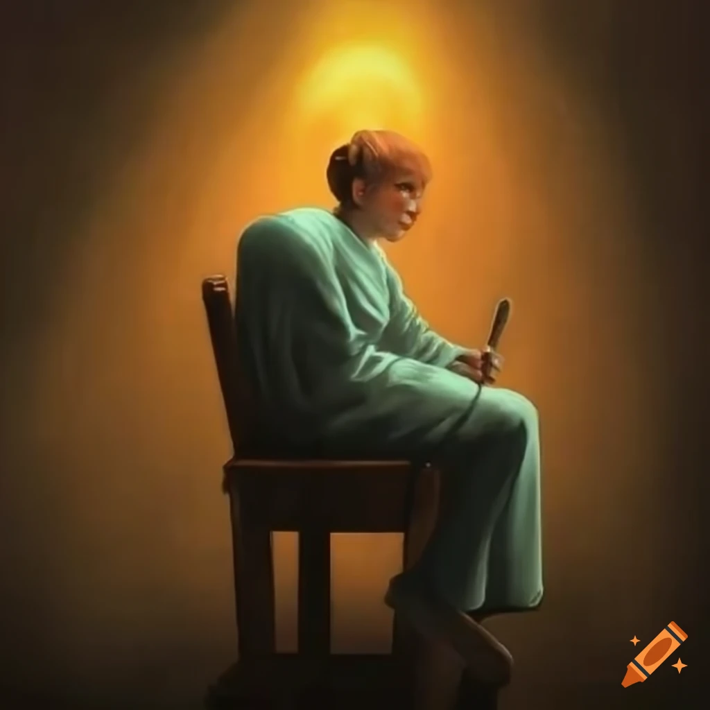 Person sitting on a stool under a spotlight on Craiyon