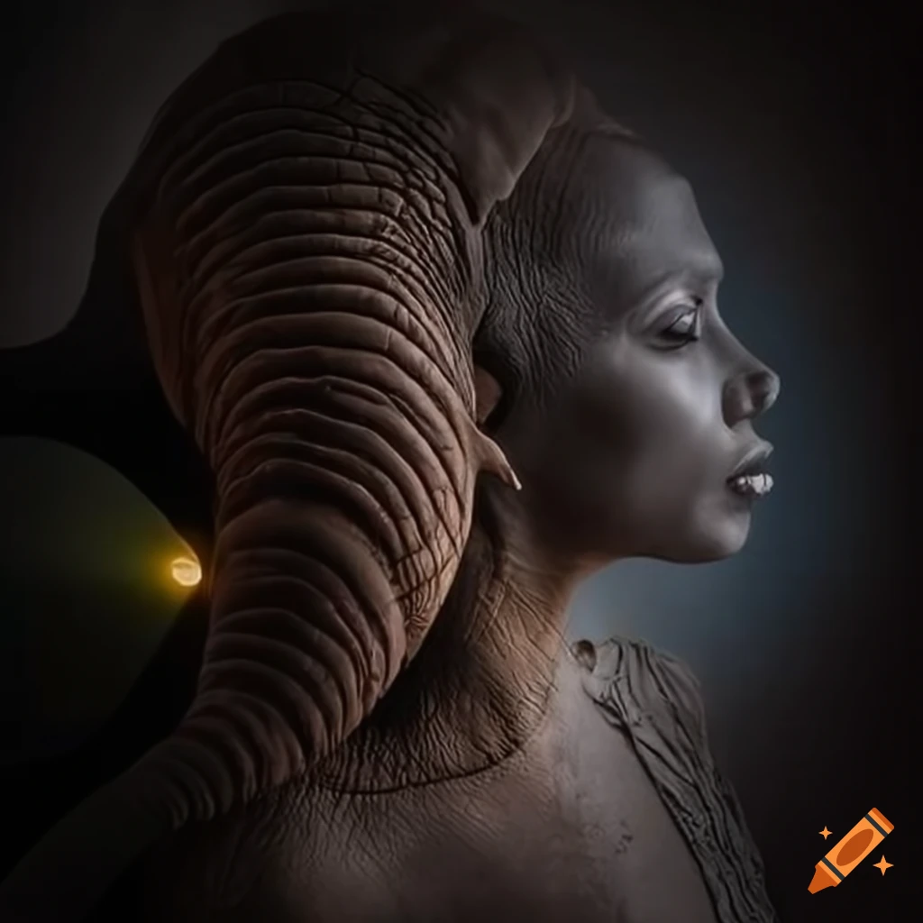 Artistic depiction of half woman half elephant on Craiyon