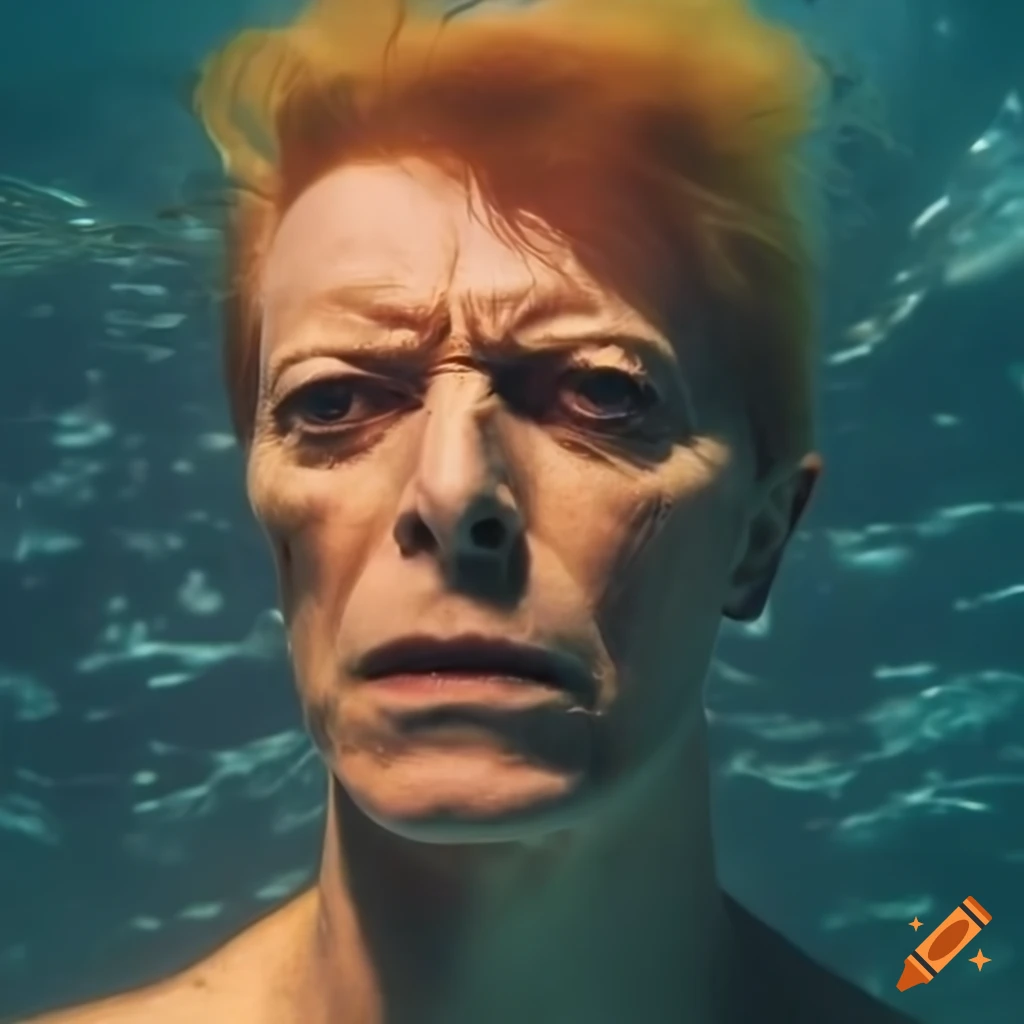 Close-up portrait of david bowie underwater in a sunny swimming pool on Craiyon
