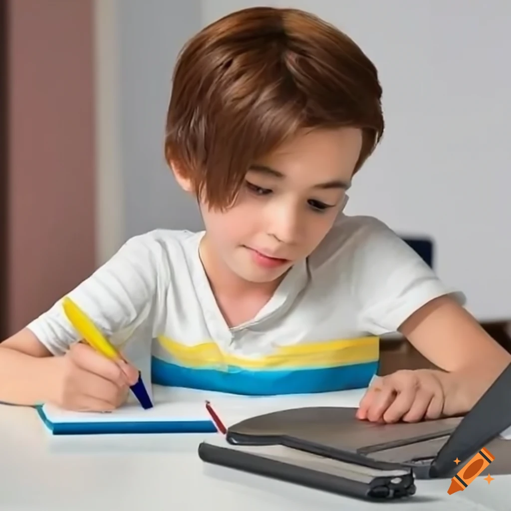 Boy writing at desk on Craiyon