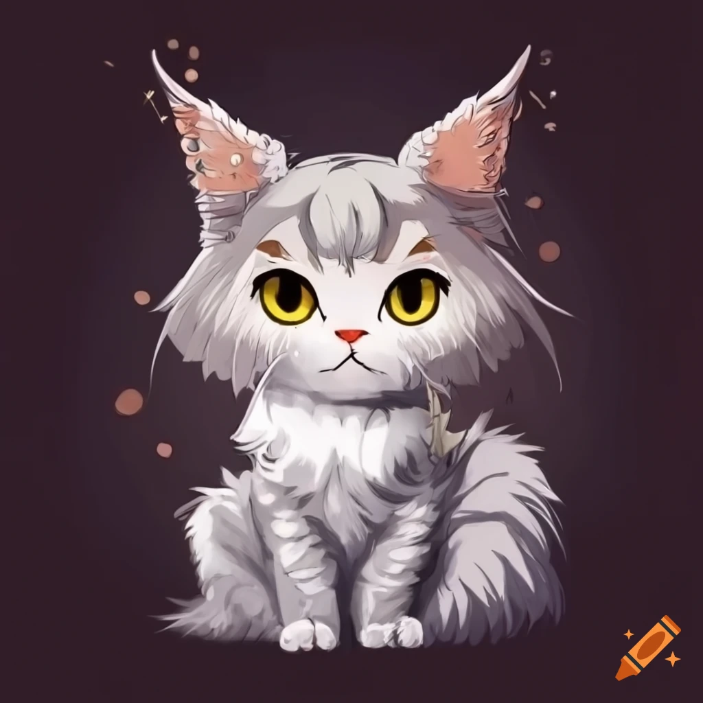 Fluffy silver maine coon cat with gold eyes in chibi style on Craiyon