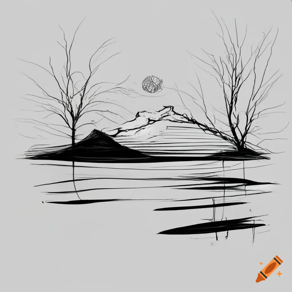 Counter-intuitive black and white landscape with sketch lines on Craiyon