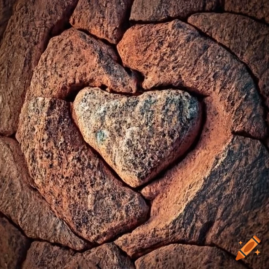 Intricately detailed brick stone heart against a background of rough ...