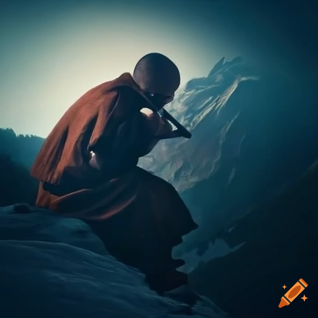 Monk smoking a wooden pipe in the snowy mountains on Craiyon