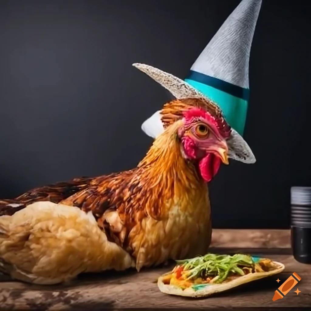 Chicken wearing a wizard hat enjoying a taco on Craiyon