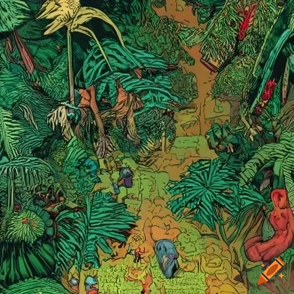 Tropical jungle in comic style by moebius from a birds-eye-view on Craiyon