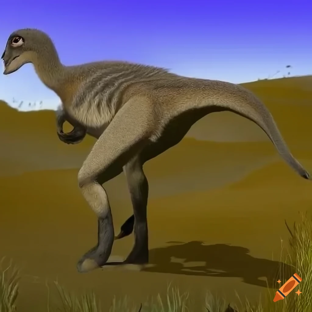 Fluffy gallimimus with genet color pattern in a pampa landscape on Craiyon