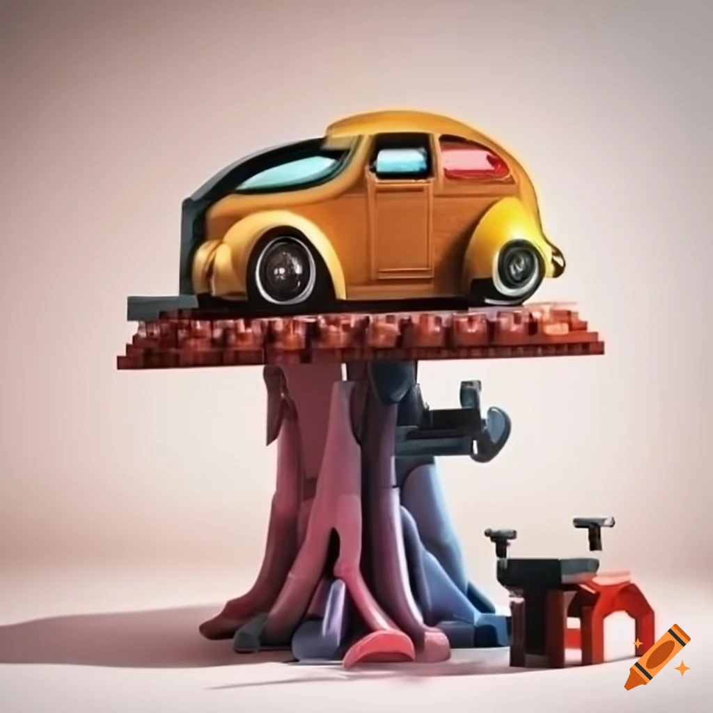 Strange surreal toys like cars, dolls, legos, illuminated glass houses ...