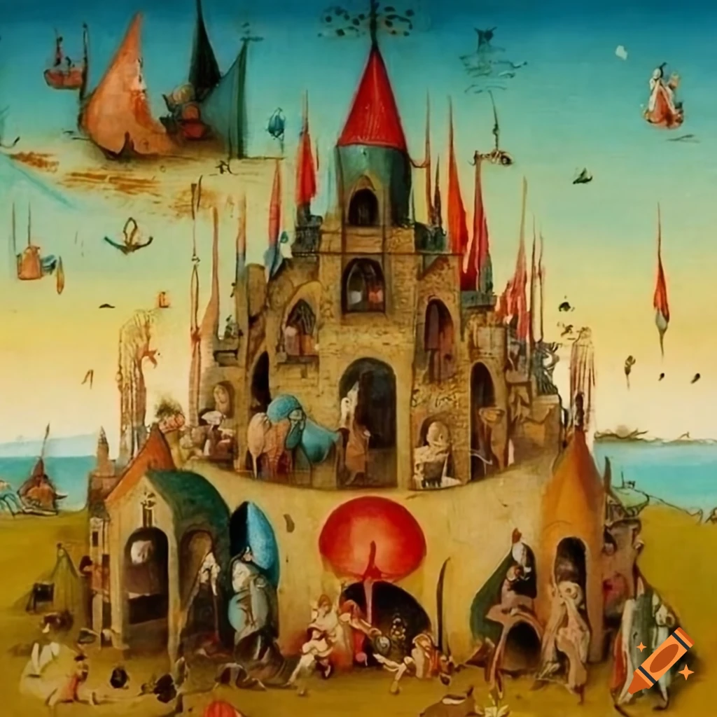 Tiny devils climbing the walls of buildings in a hieronymous bosch ...