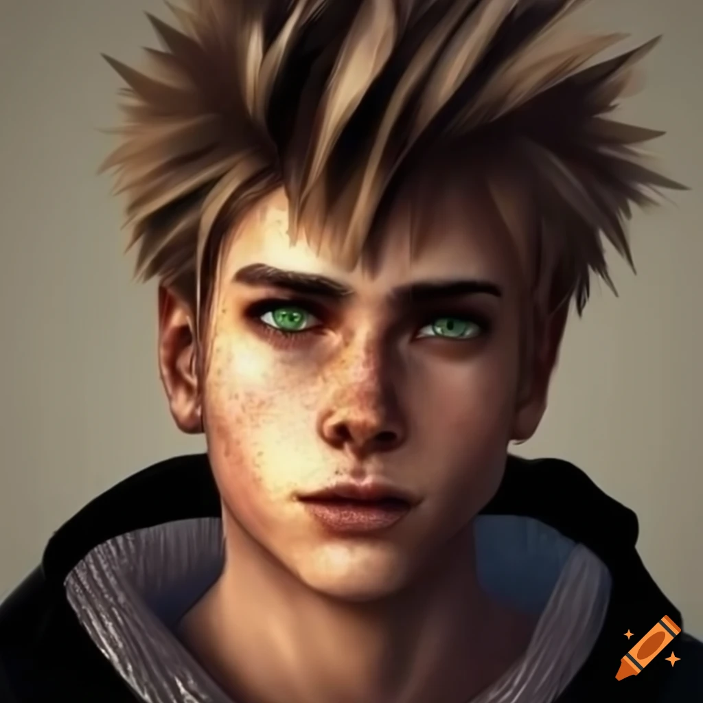 Tan-skinned male with freckles, split eyebrow, brown spiky hair, and ...