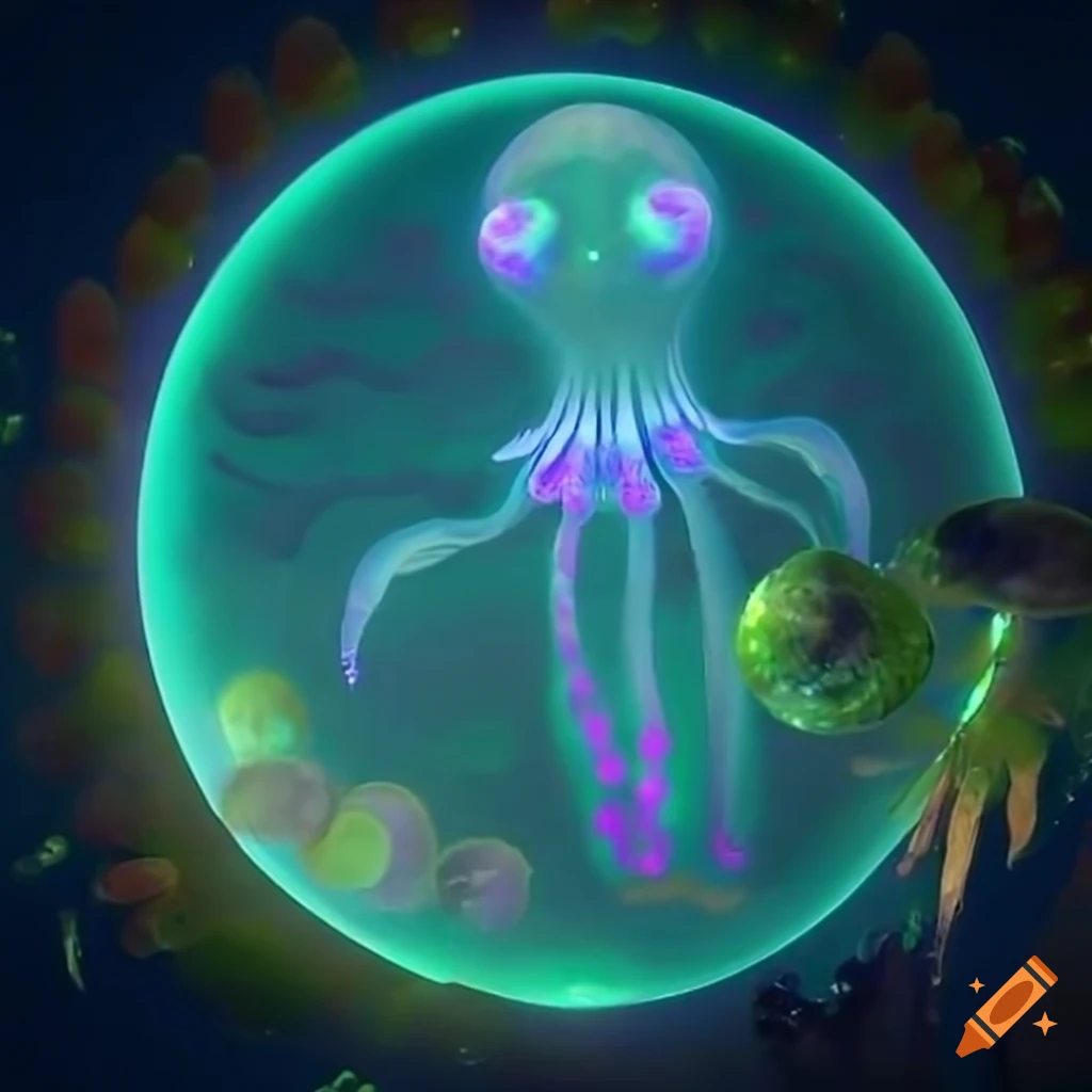 Alien planet landscape with glowing rivers and mystical statue on Craiyon