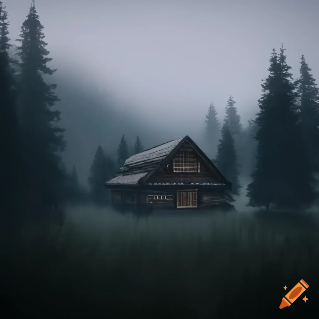 Dense log cabin village with misty forest and distant mountains on Craiyon