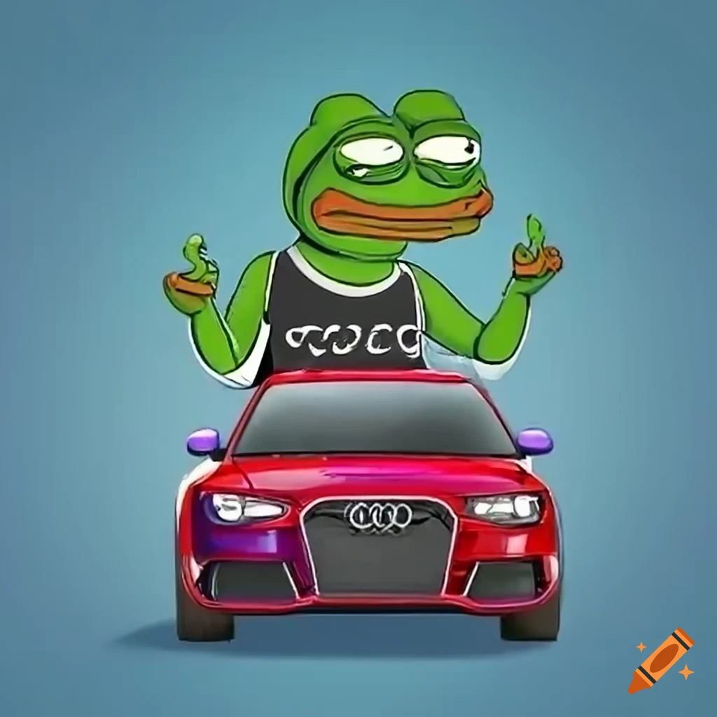 Cartoon frog driving an audi car on Craiyon