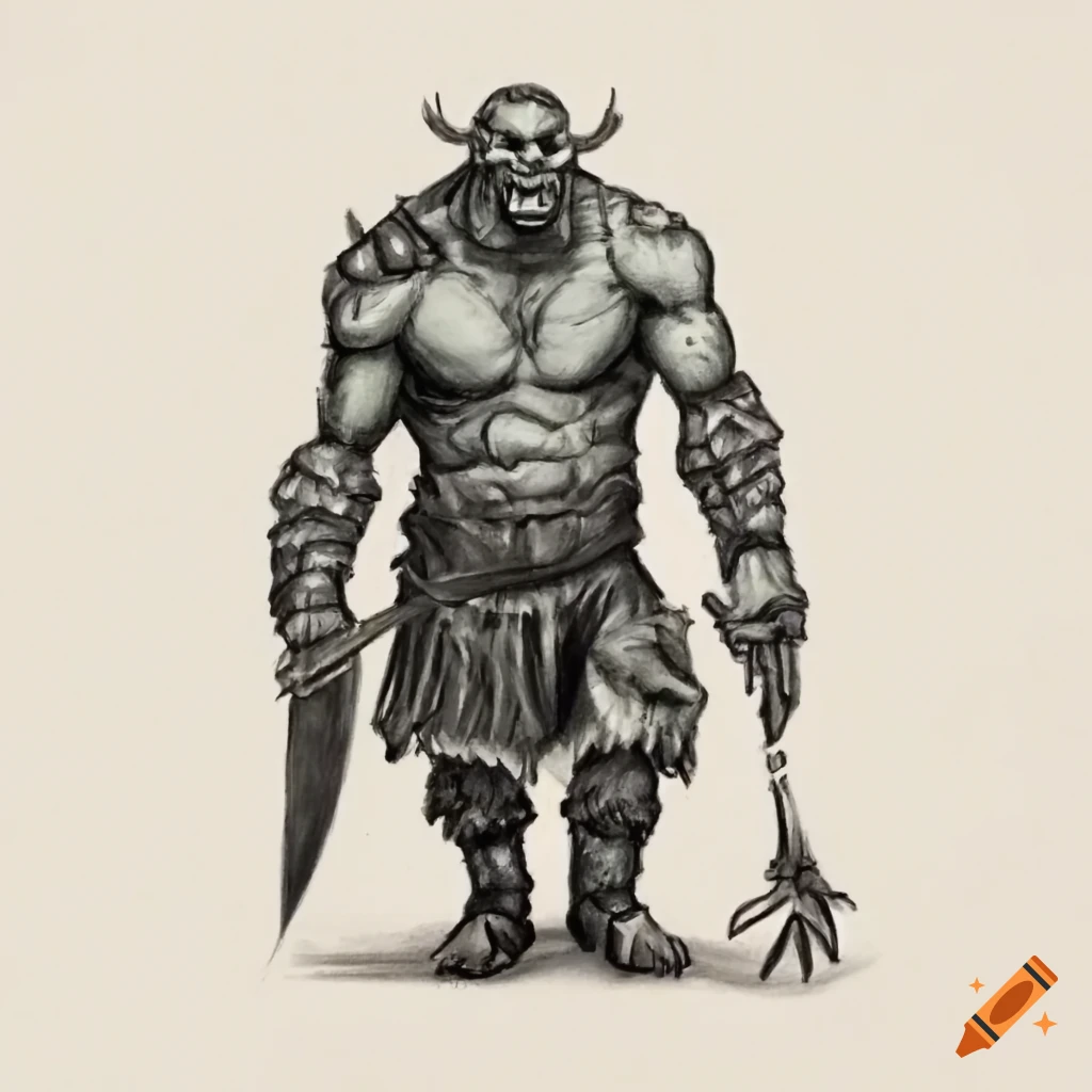 Orc with a knife and flail in a pencil drawing on Craiyon