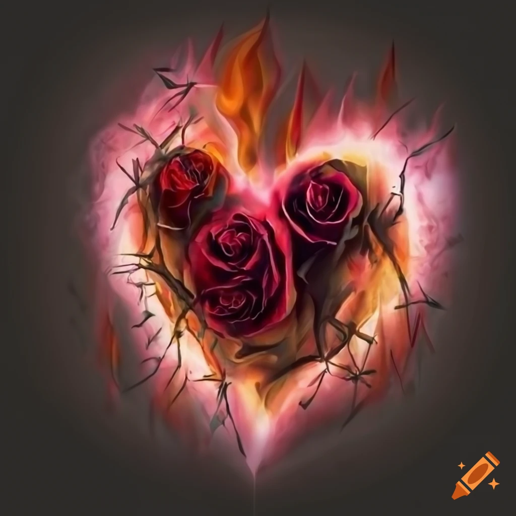 Abstract big heart with roses, thorns, and fire on Craiyon