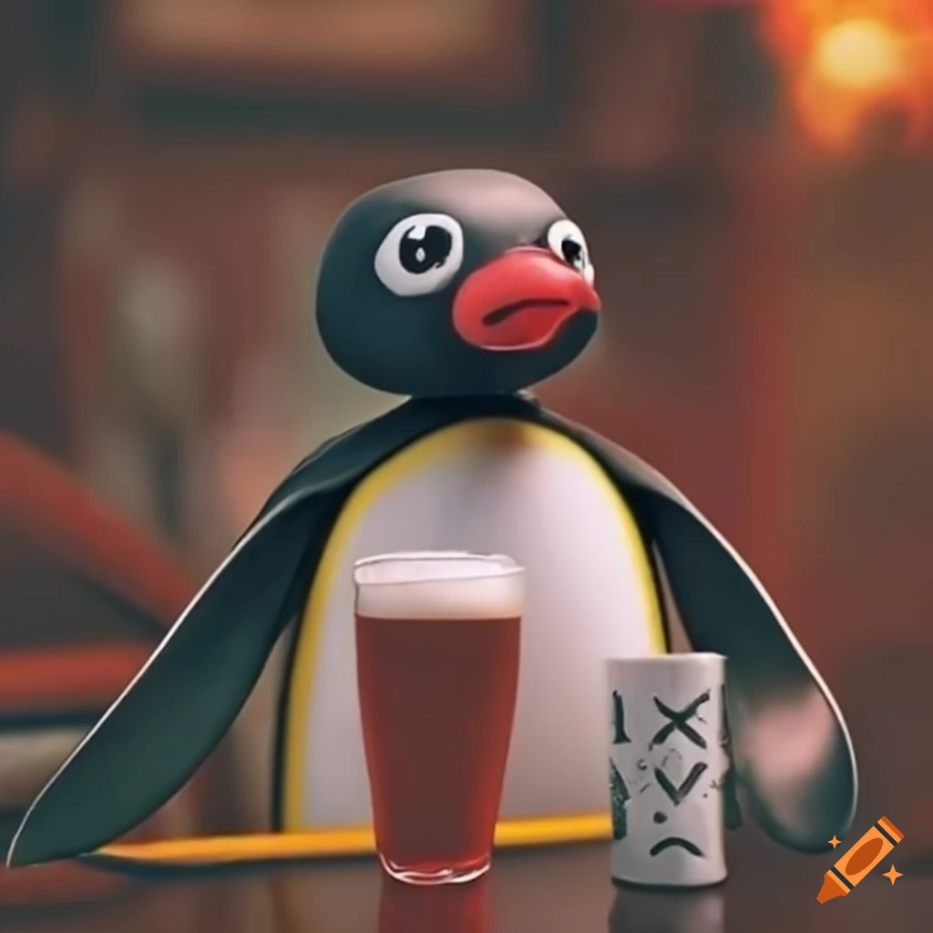 Pingu with a drink in an irish pub on Craiyon