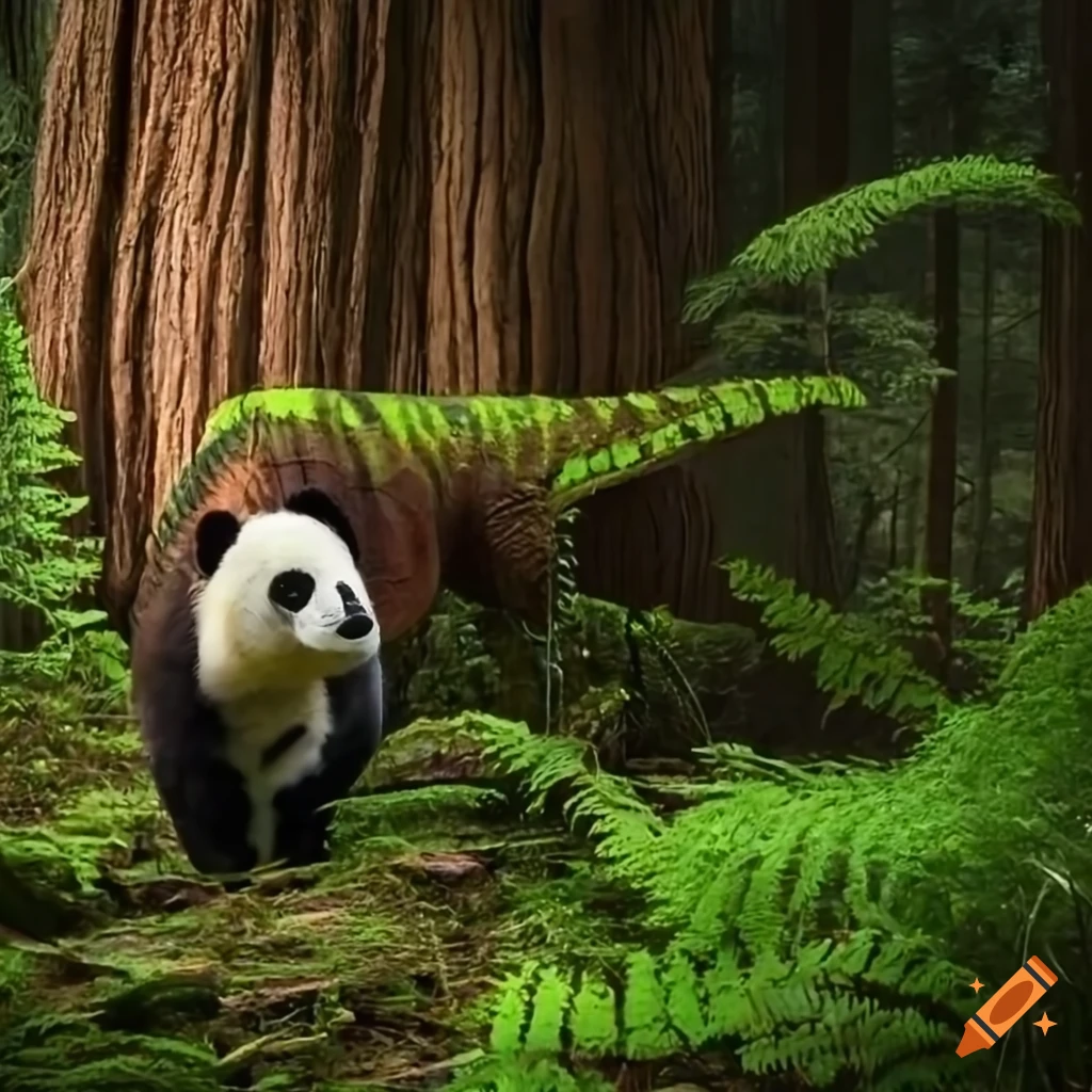 Feathered dinosaur with panda-like color pattern in cedar forest on Craiyon