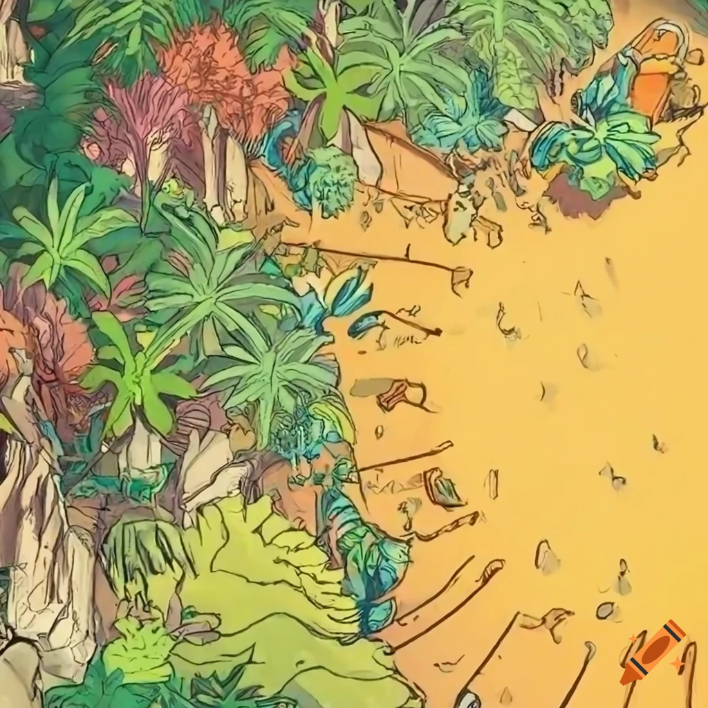 Tropical jungle in comic style by moebius from a bird's eye view on Craiyon