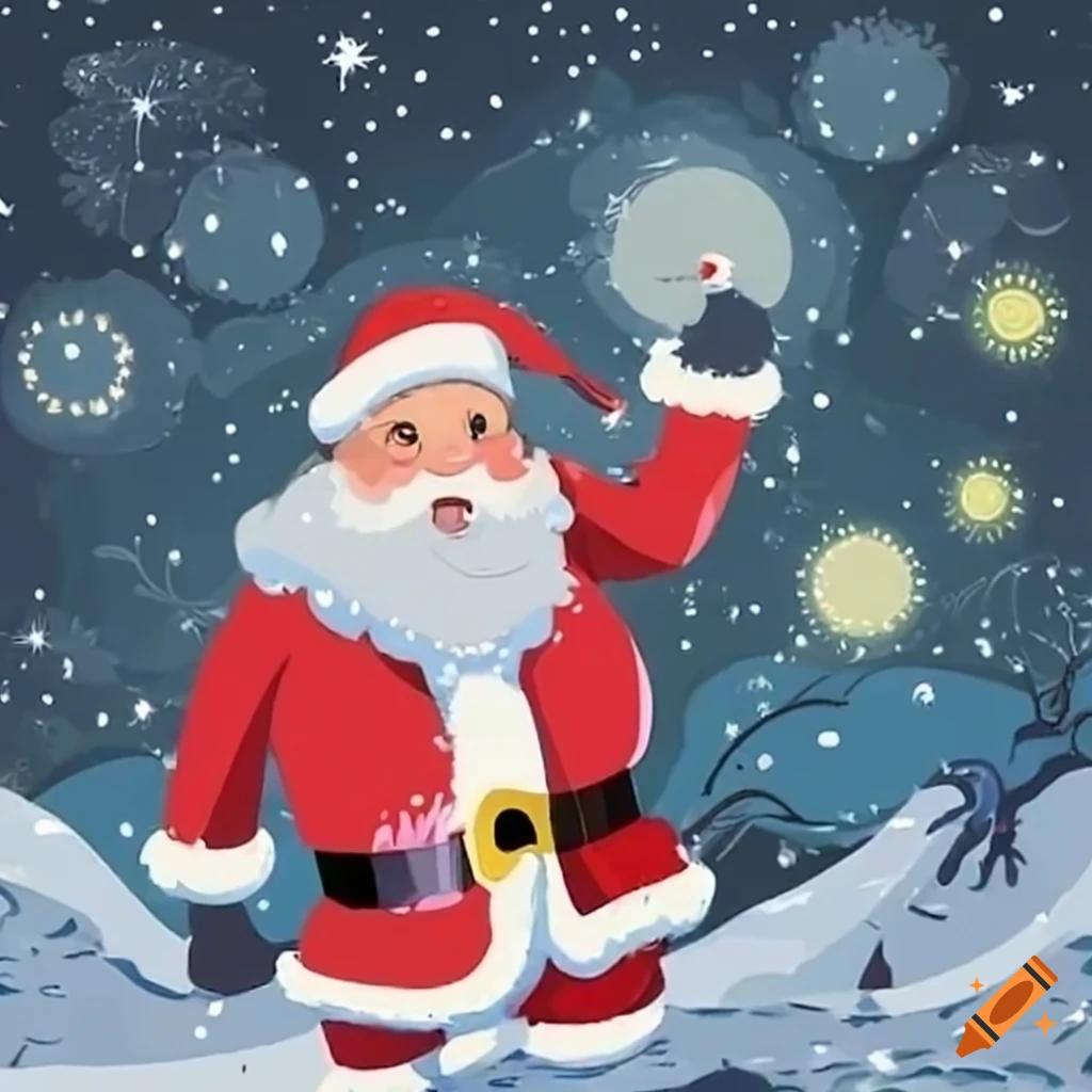 Santa Claus riding a dragon in a snowy and starry night, delivering ...