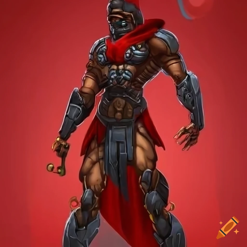 Cyborg gladiator with red cape in highly detailed cartoon style on Craiyon