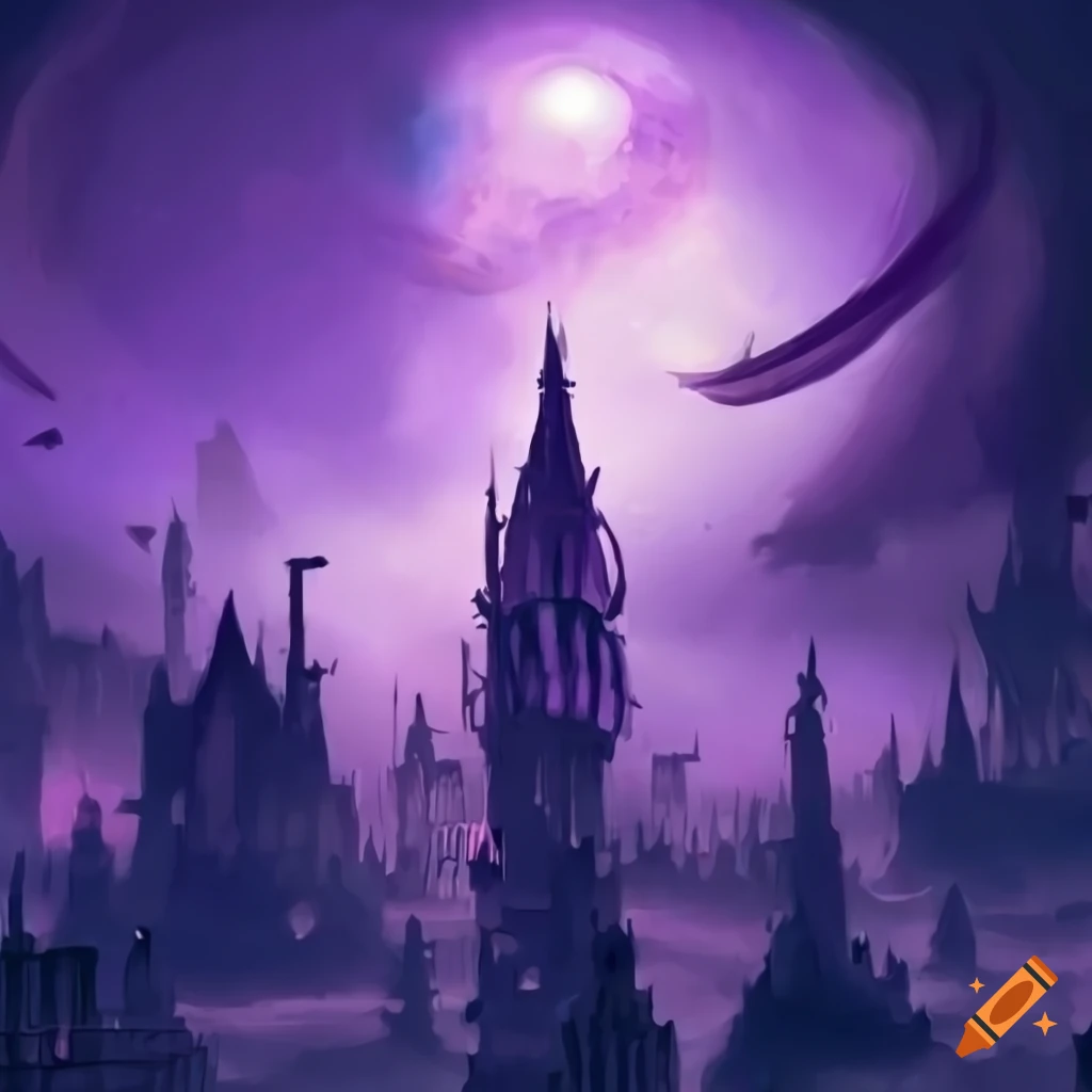 Flying medieval city with white and pastel purple towers in space on ...